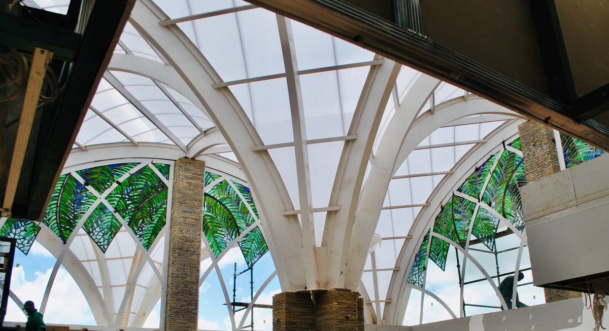 Dalle de Verre 'Palm' 5 panels ~ 3 x 12m– Kitengela Glass