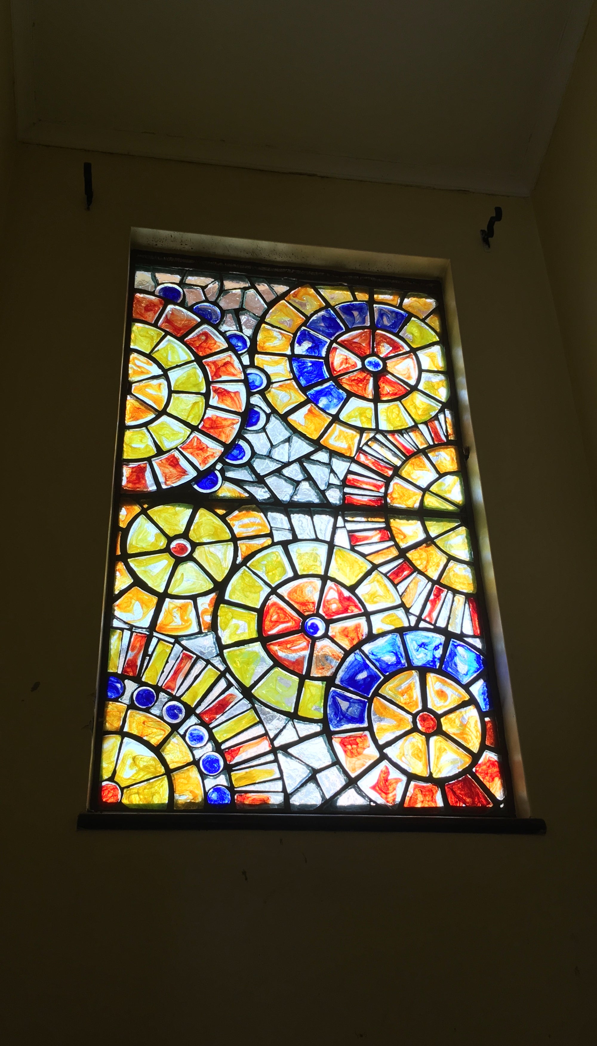 Dalle de Verre 'Colourwheel' stair panel ~ 1.8 x 1m, 2 divider panels ...