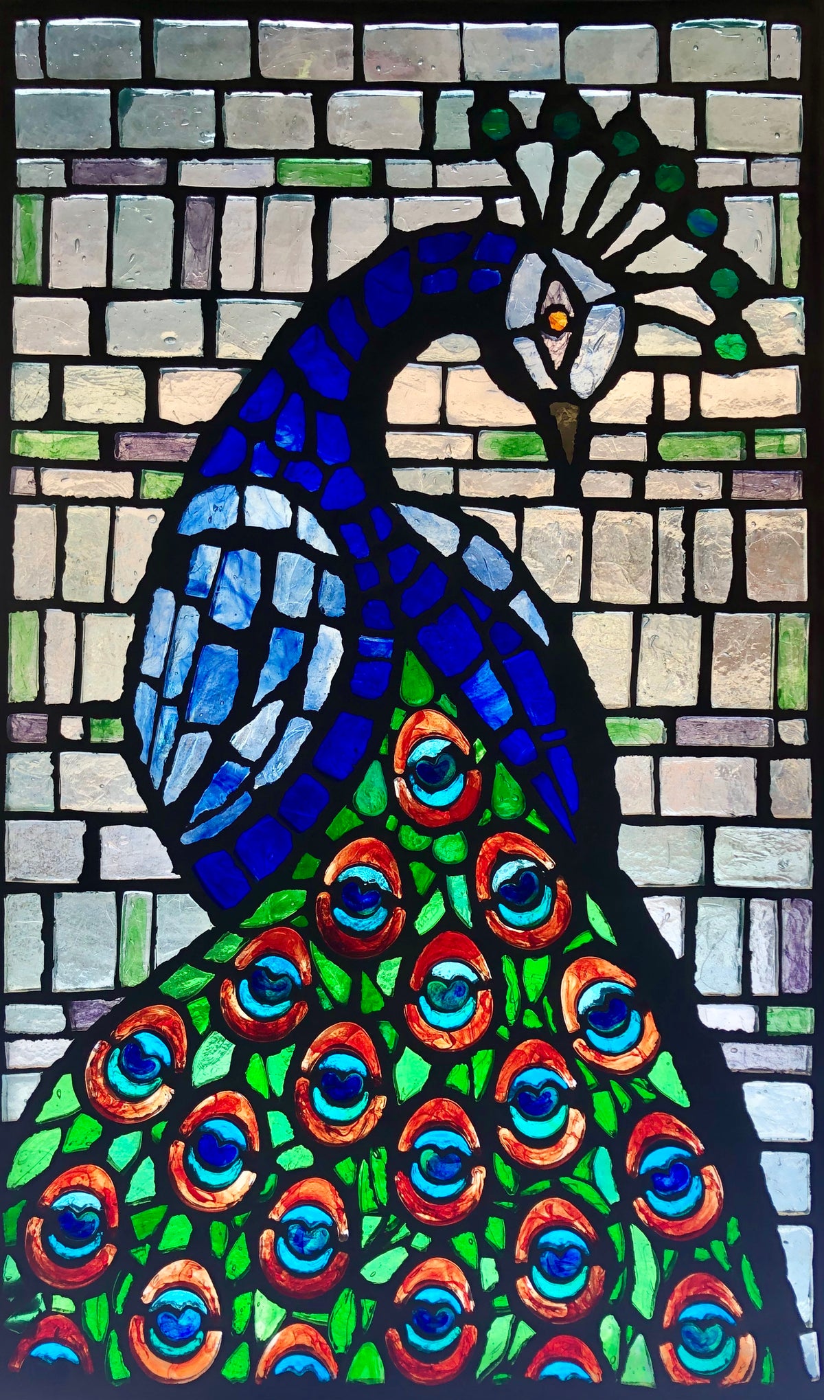 Dalle de Verre 'Peacock' panel ~ 1.8 x 0.8m– Kitengela Glass